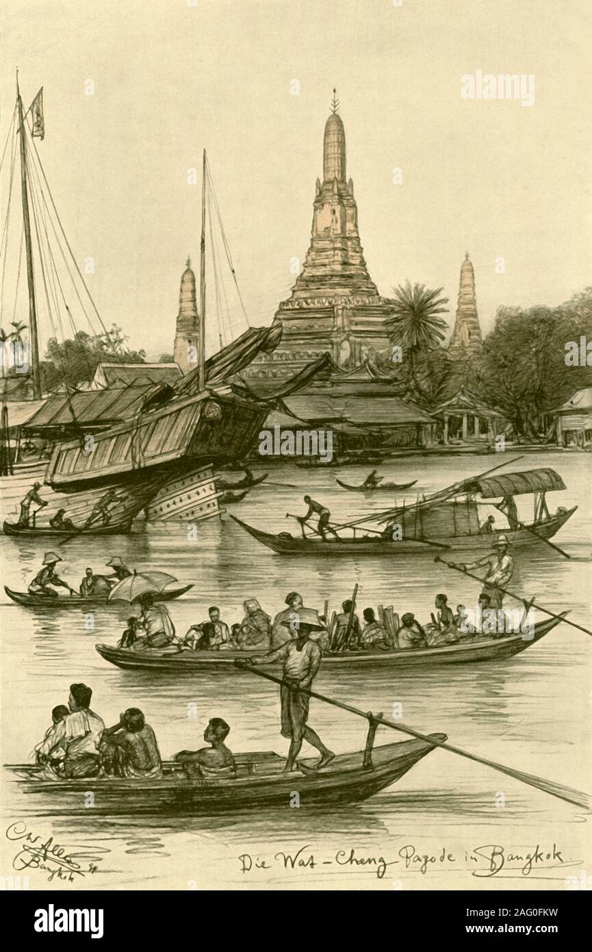 Wat Chaeng, Bangkok, Siam, 1898. View of the Buddhist temple, also ...