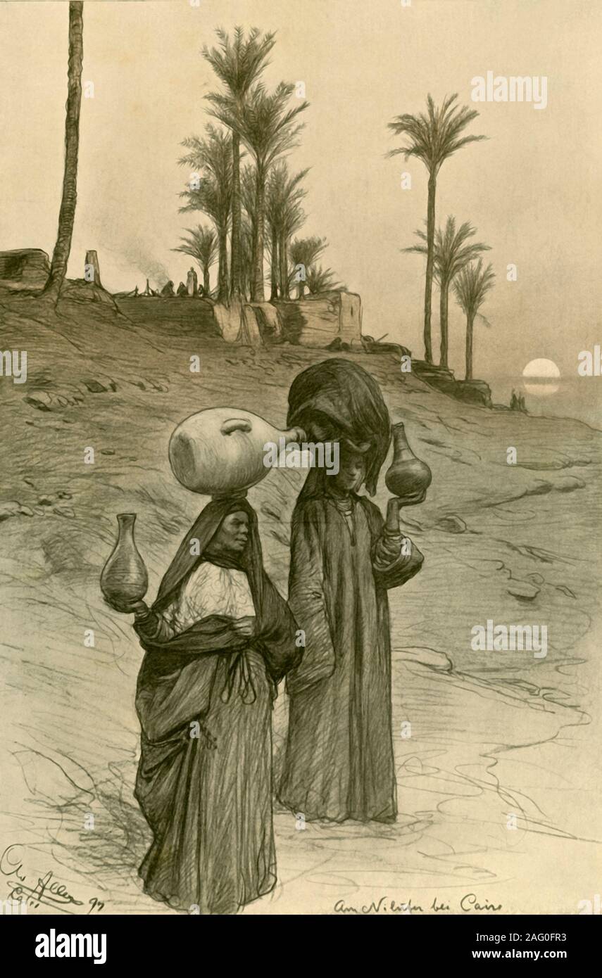 Women carrying water pots on the banks of the Nile, Cairo, Egypt, 1898 ...