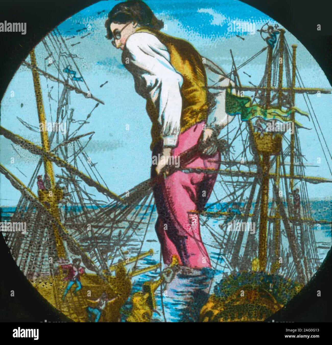 Gulliver captures the Blefuscudians' ships, lantern slide, late 19th ...