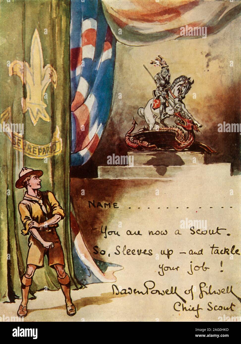 Design for Scouts Enrolment Card, (1944). A scout stands under the ...
