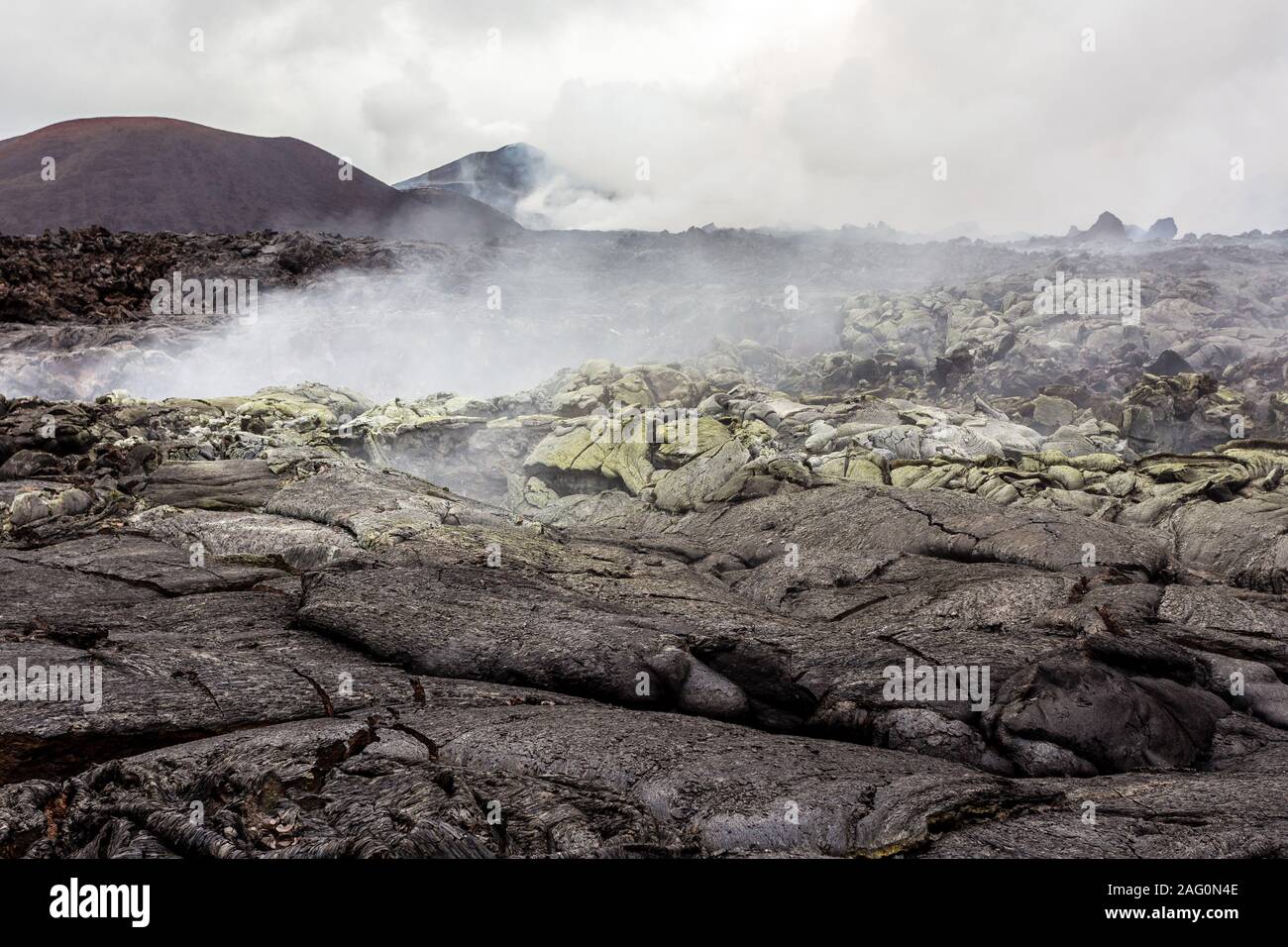 Steaming, sulfuric, active fumaroles near volcano Tolbachik, Kamchatka ...