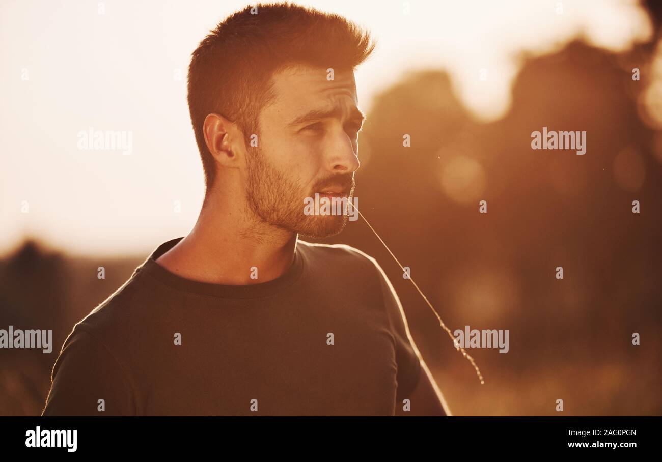 Confident man standing in the field illuminated by sunlight Stock Photo ...