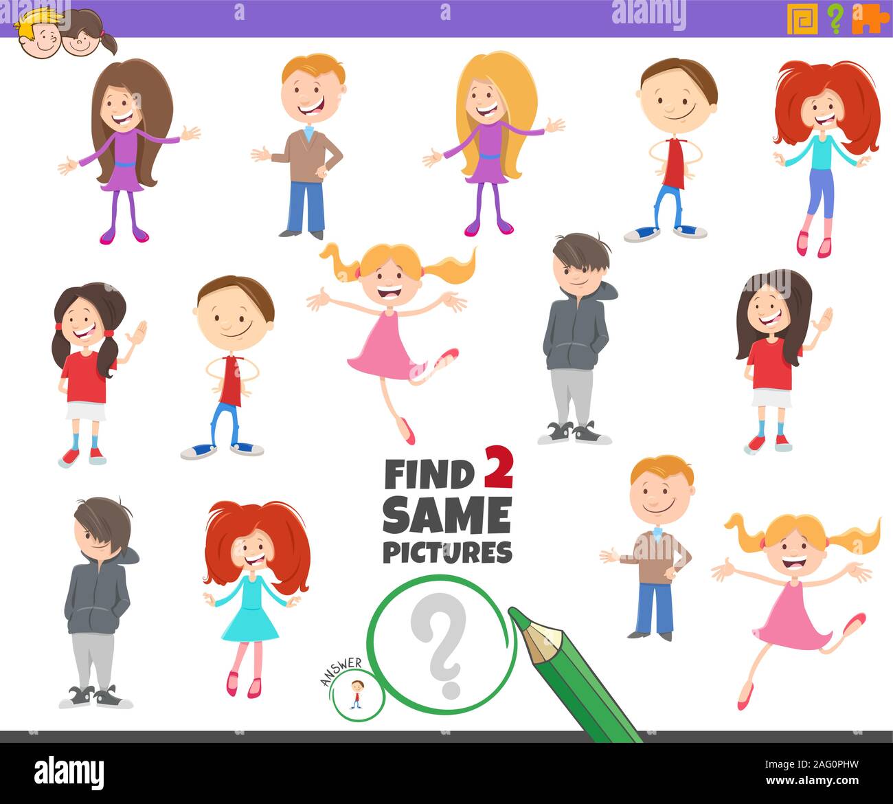 Cartoon Illustration of Finding Two Same Pictures Educational Activity ...