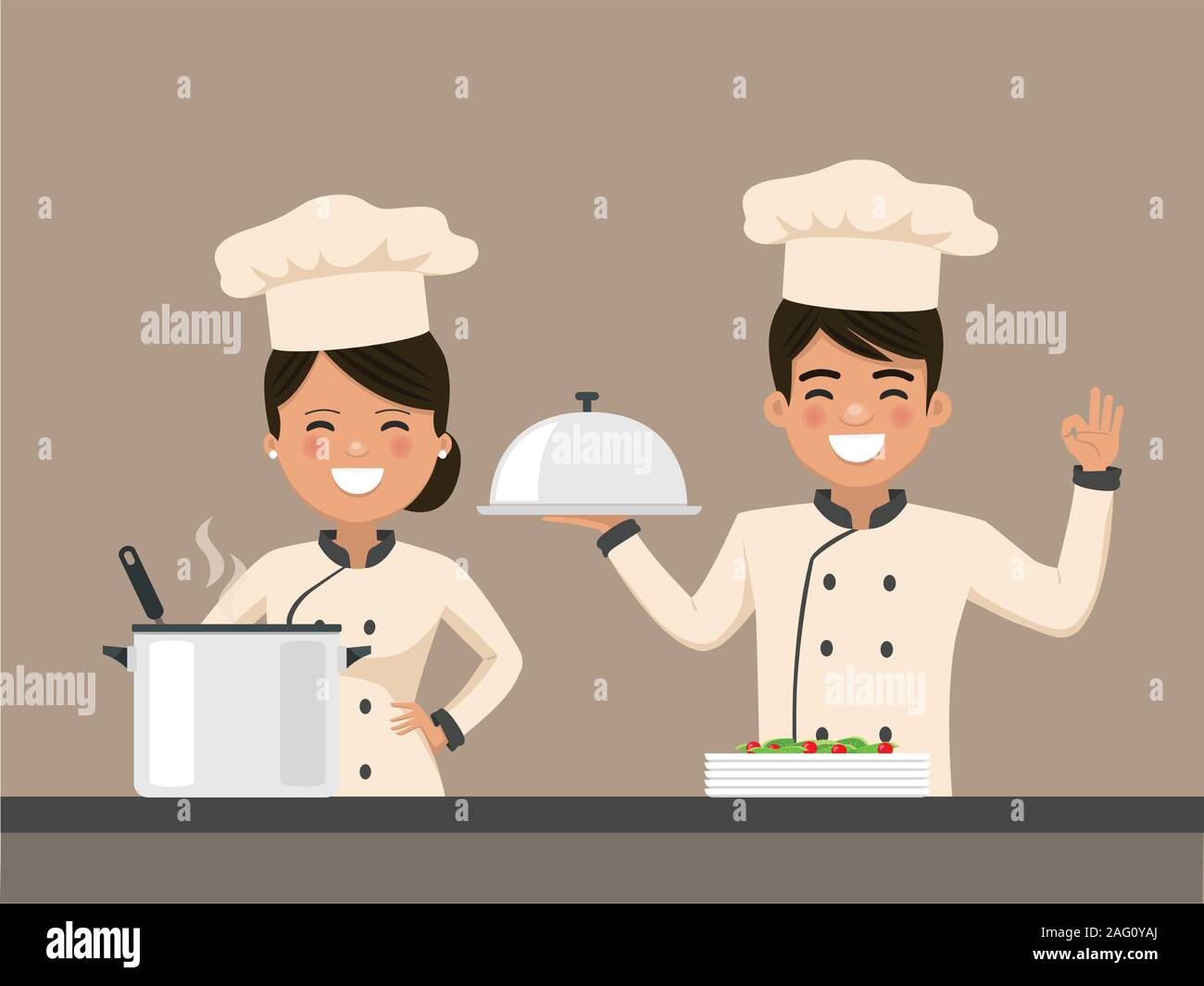 Chef team. Happy professional cooks cooking in the kitchen. Flat vector ...