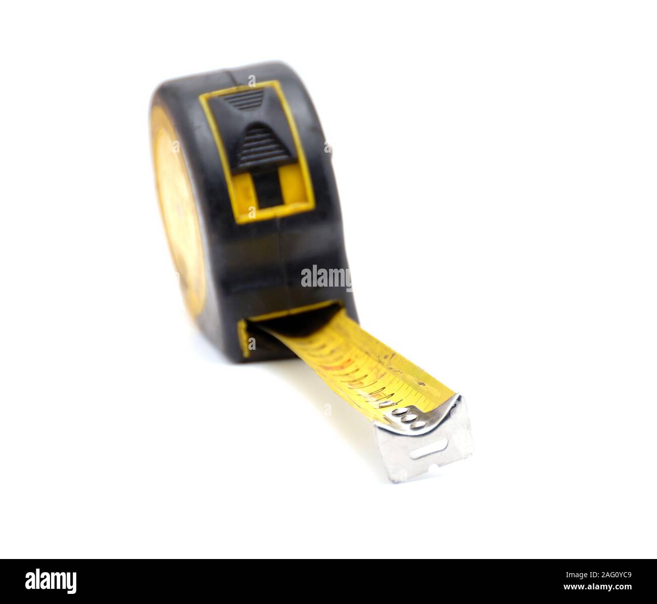 Tools collection - old rusty tape measure on white background Stock ...