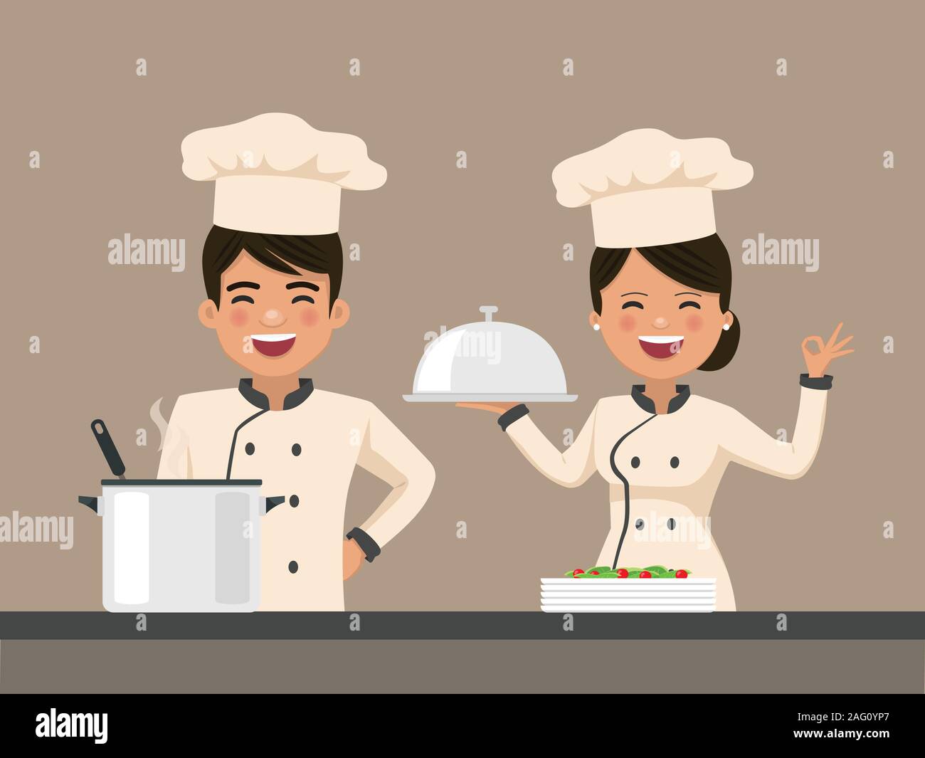 Chef team. Professional cooks having fun cooking in the kitchen. Flat ...
