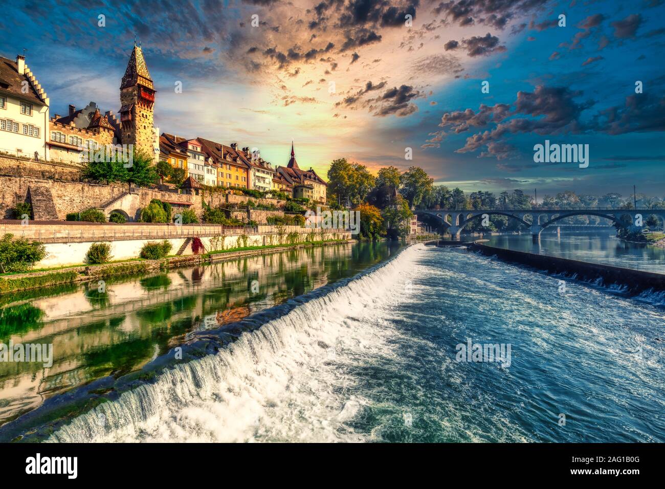 Old town of Bremgarten on river Reuss in switzerland, summer Stock ...