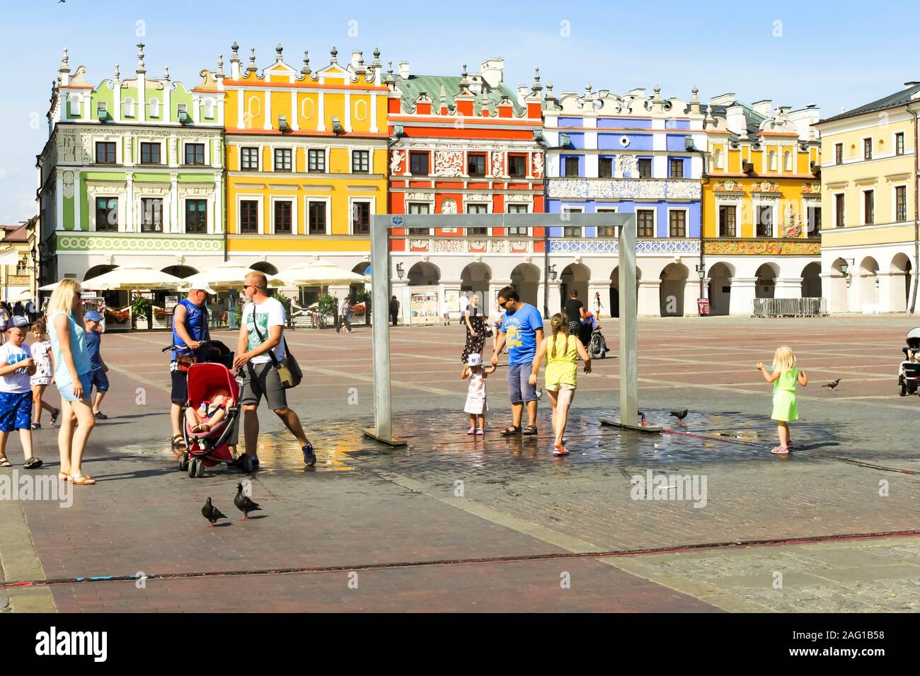 ZAMOSC, POLAND - JULY 28, 2019: colorful renaissance houses at Market ...
