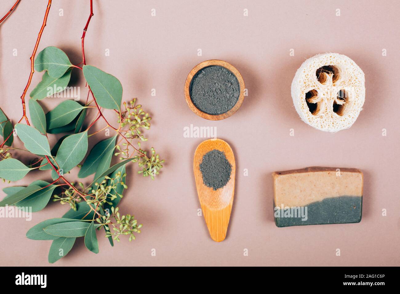 Eucalyptus powder or grey clay on orange background with palm leaf ...