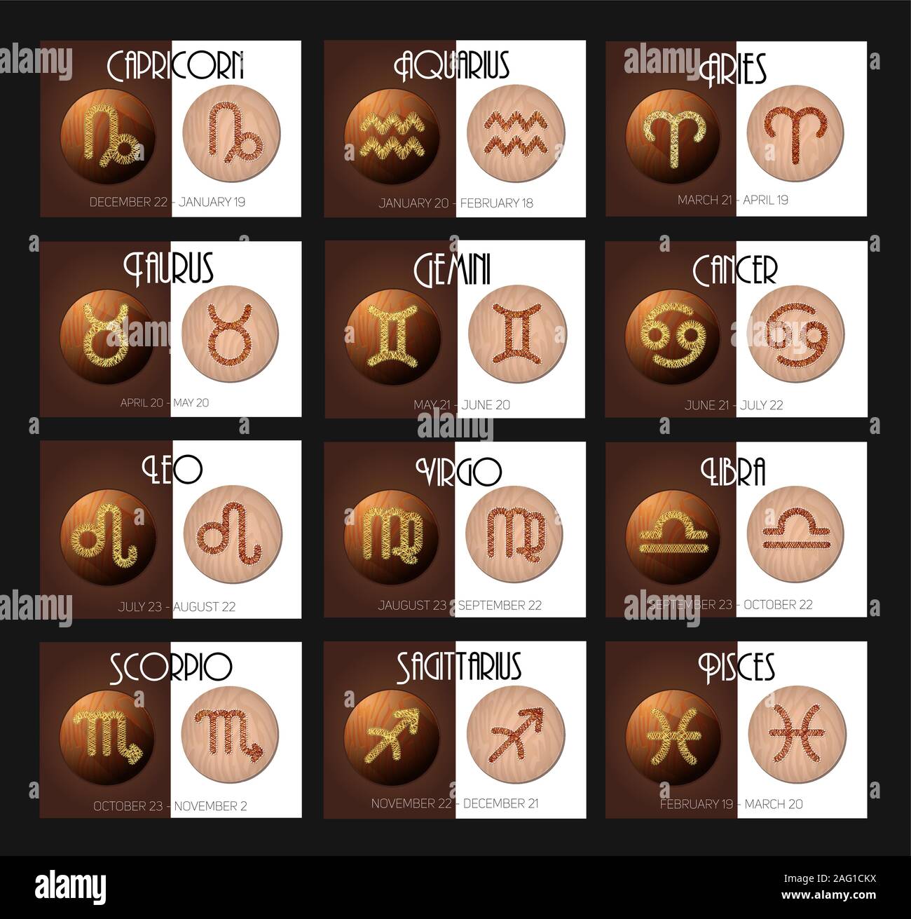 Set of vector of astrological zodiac signs in 3d style. Classic dark ...