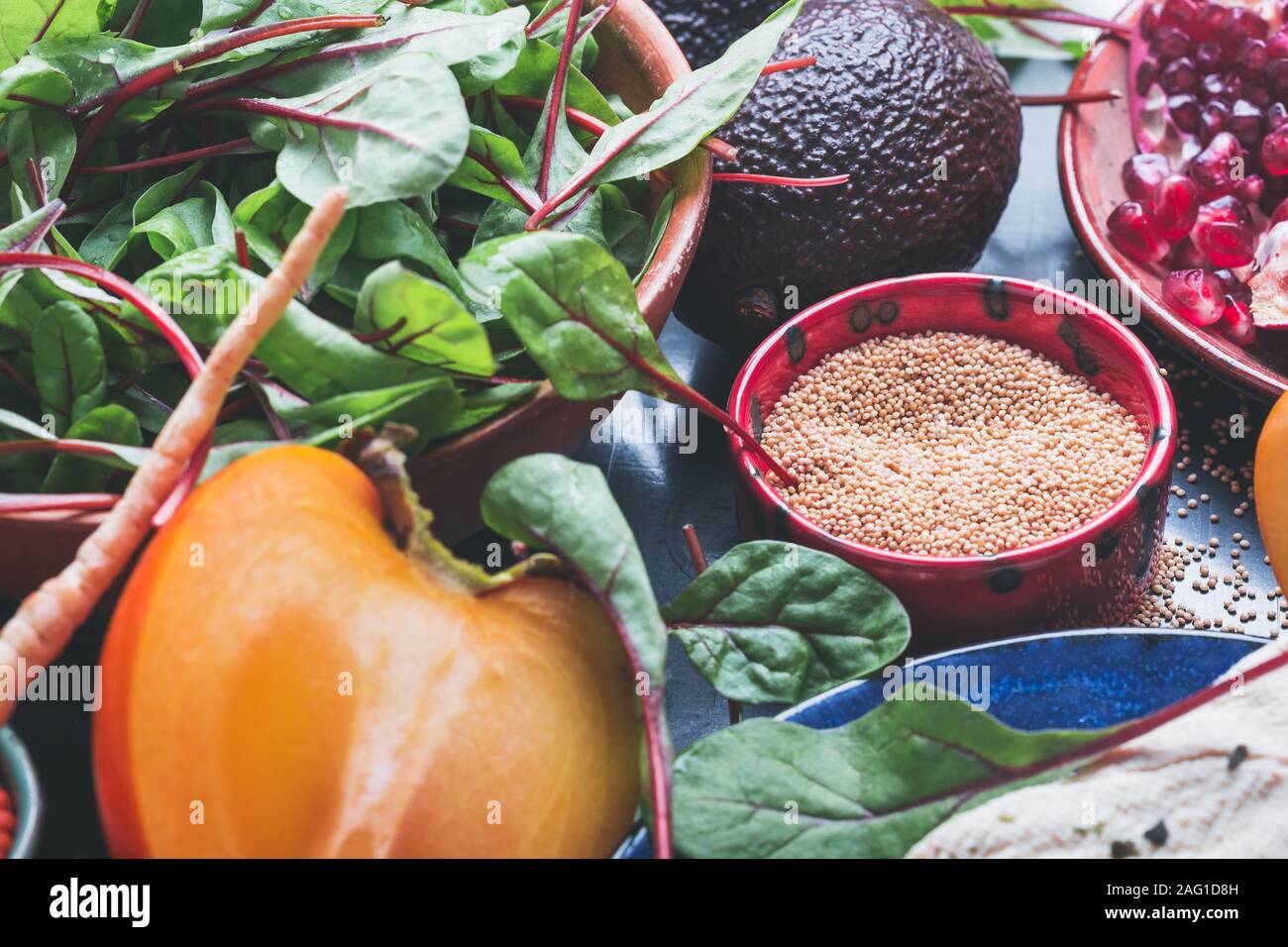 Vegan vegetarian ingredients, group of plant based food, fresh fruits ...