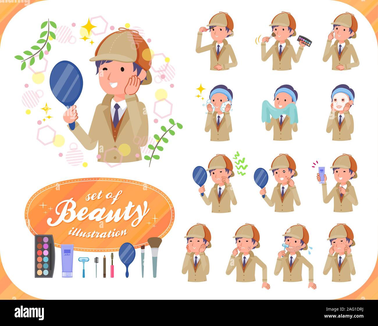 A set of Detective man on beauty.There are various actions such as skin ...