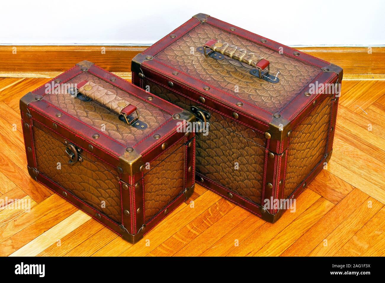 Close up shot of two old leather box Stock Photo - Alamy