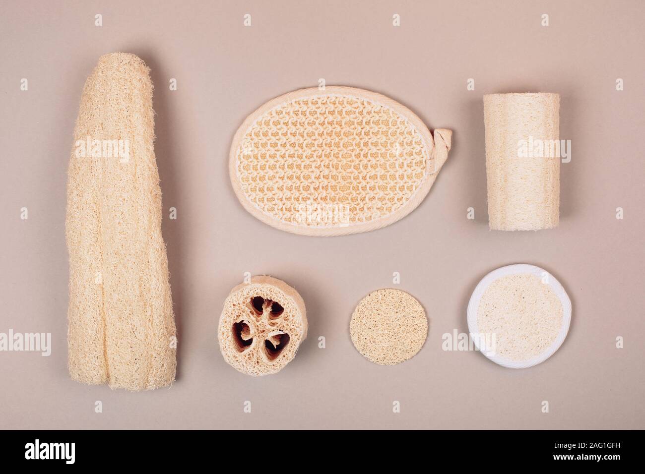 Different zero waste luffa sponge. Concept of eco friendly supplies for ...