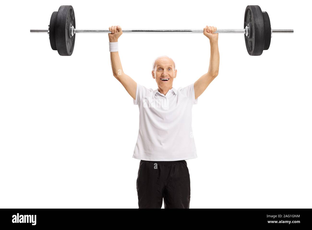 Elderly man lifting a barbell isolated on white background Stock Photo ...