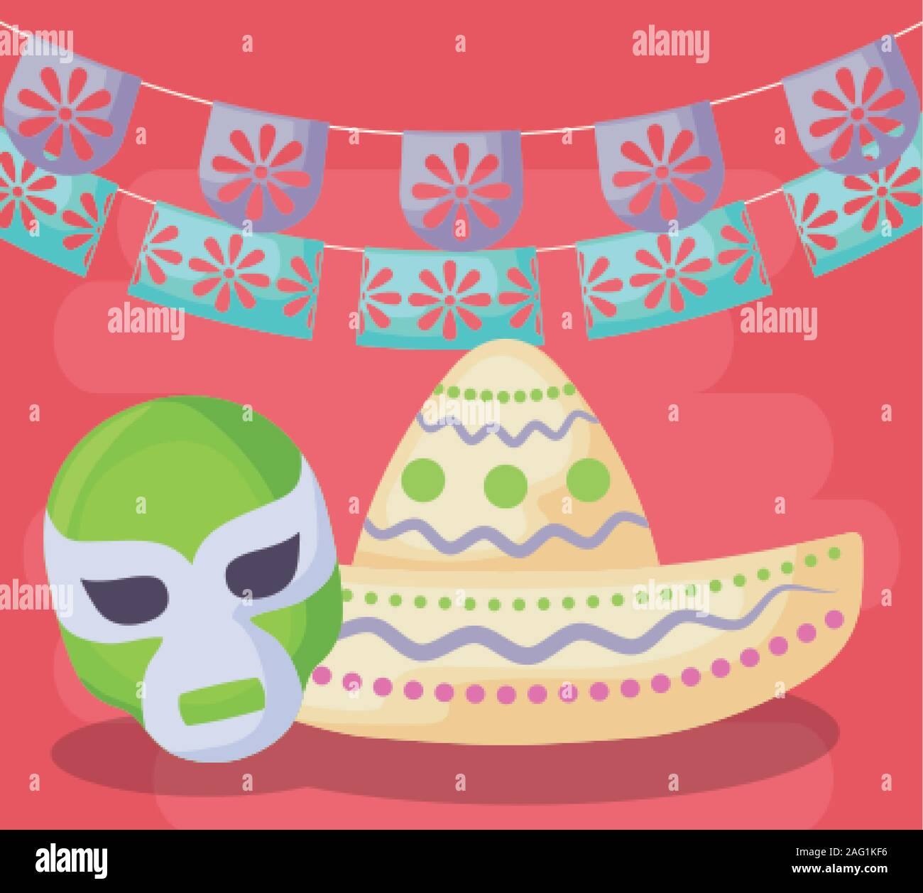 Mexican hat and mask with banner pennant design, Mexico culture tourism ...