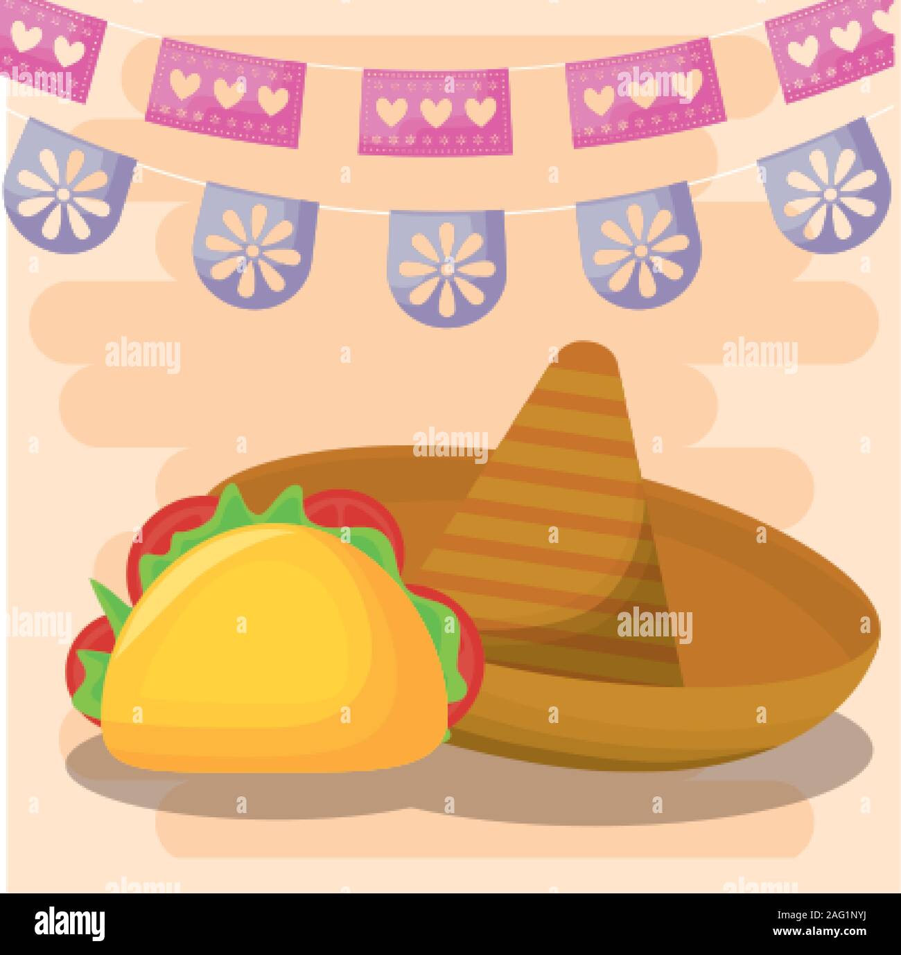 Mexican hat and taco with banner pennant design, Mexico culture tourism ...