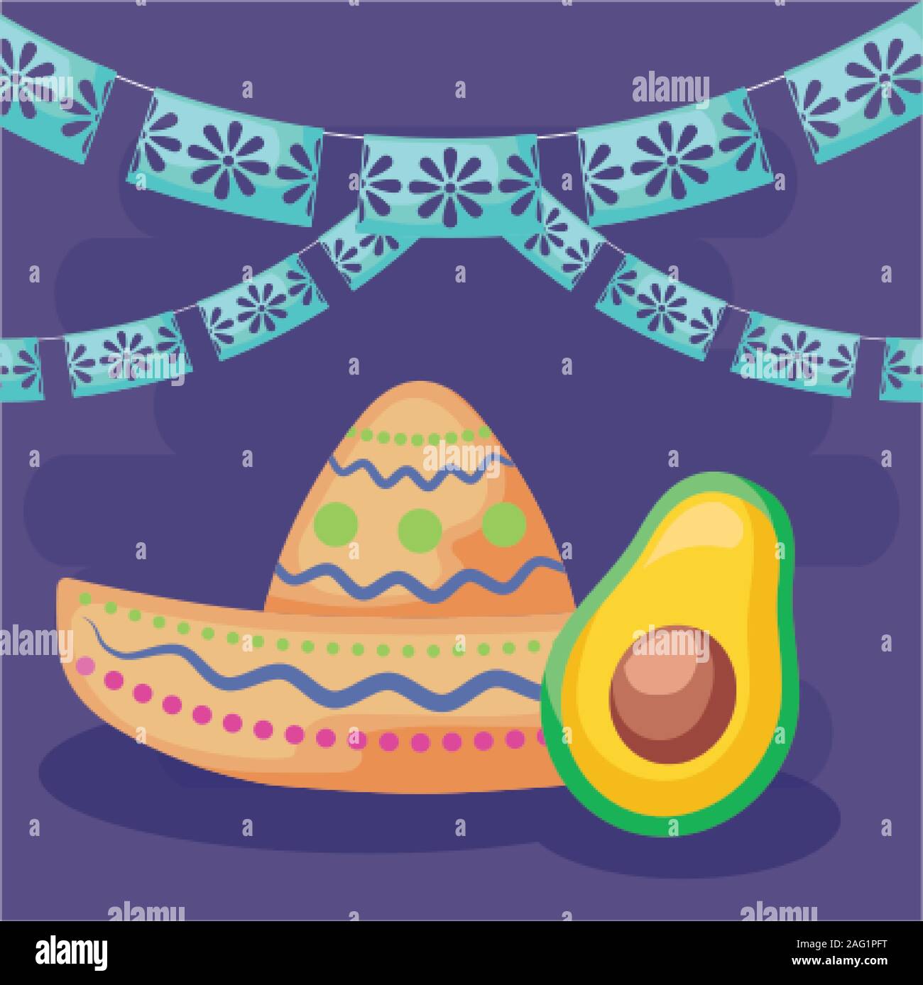 Mexican hat and avocado with banner pennant design, Mexico culture ...