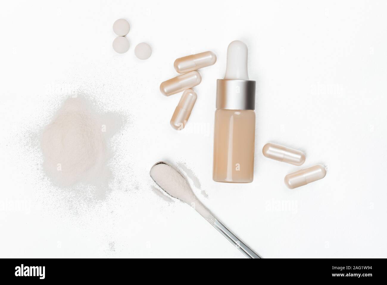 Different types of collagen. Powder, capsules, tablets and fluid Stock ...