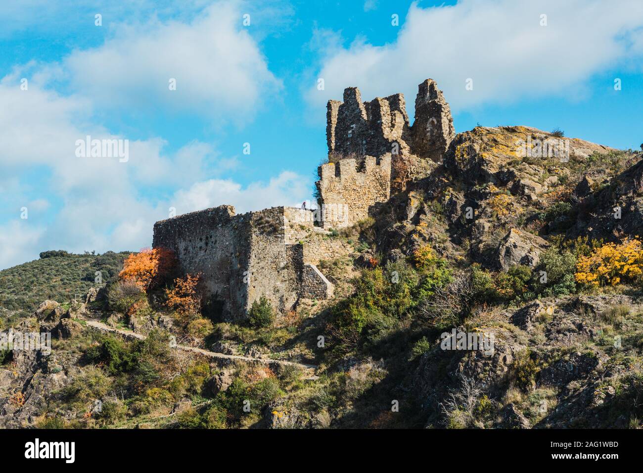 Ruins of medieval cathar castles Lastours in the mountain valley of ...