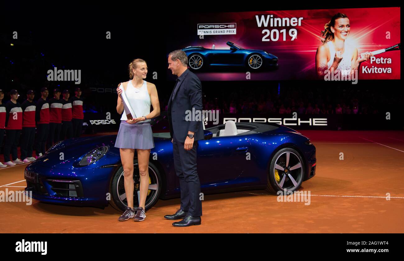Petra Kvitova of the Czech Republic poses with her winners trophy after ...