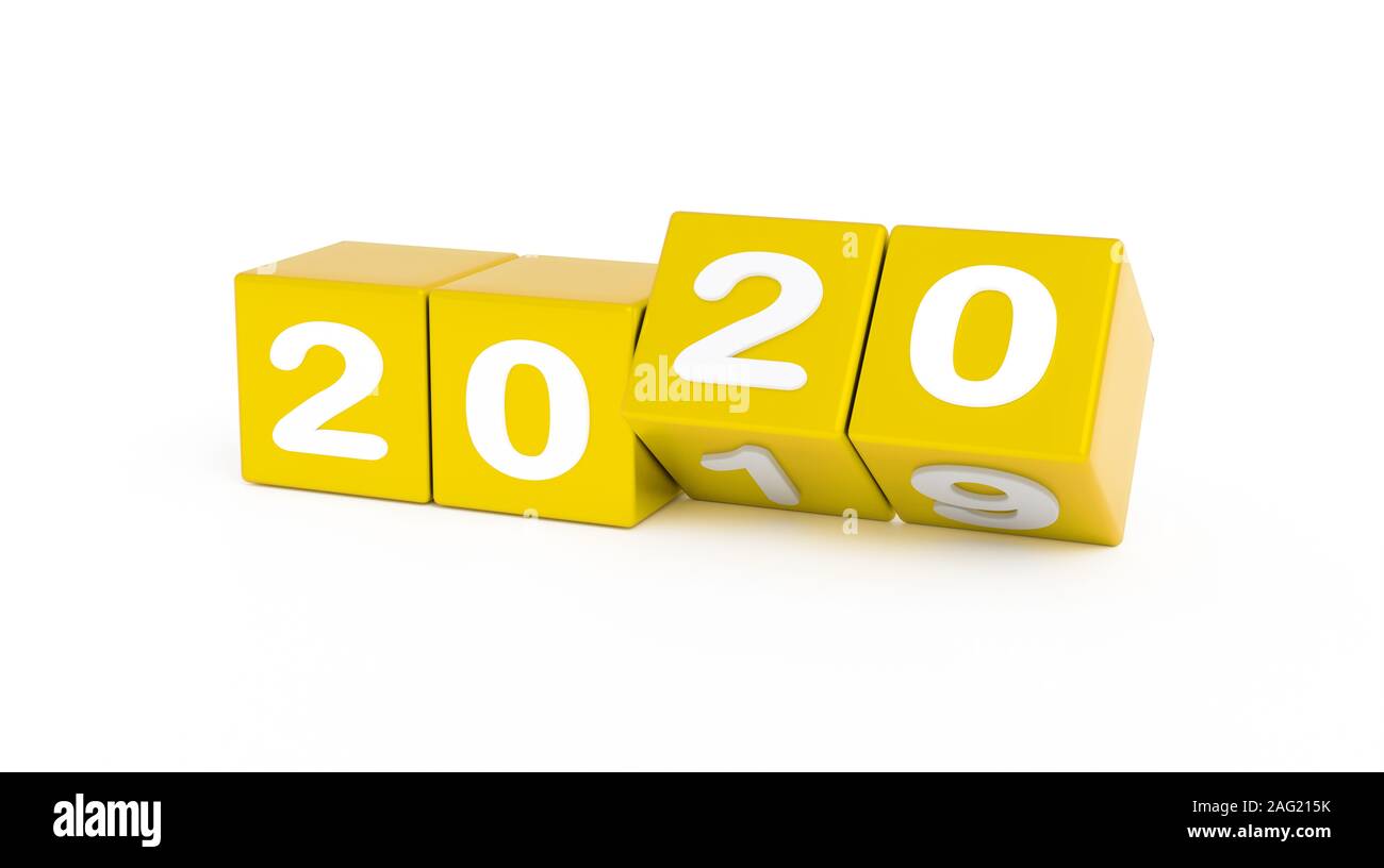 2020 New year change, turn. 2020 start 2019 end, dice isolated against ...