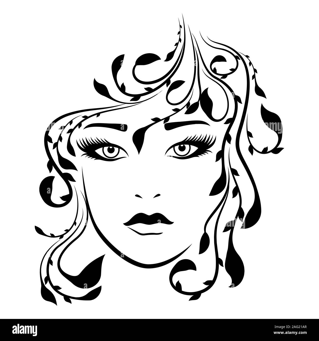 Abstract face of attractive and charming lady with stylized floral hair ...