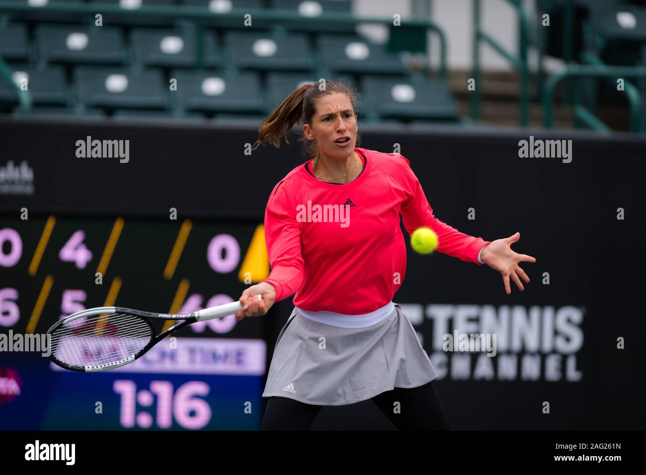 Andrea Petkovic of Germany in action during her first-round match at the 2019 Volvo Car Open WTA ...