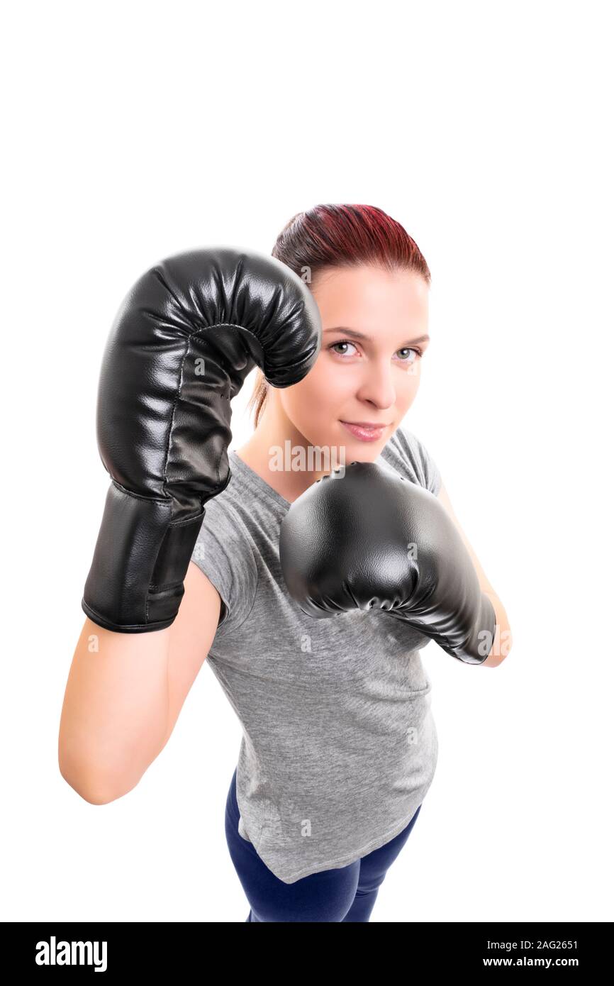 Top down portrait of a beautiful young woman with boxing gloves in a ...