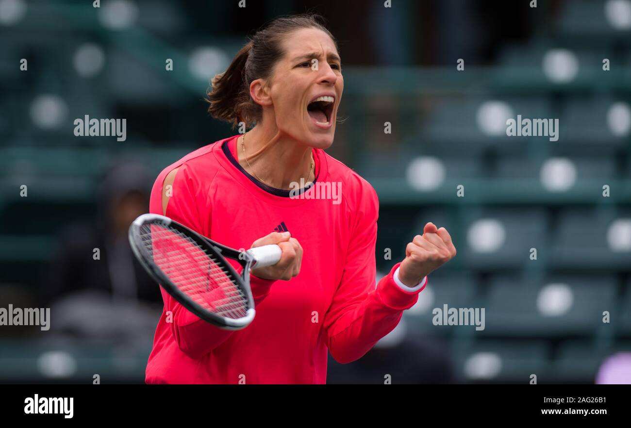 Andrea Petkovic of Germany in action during her first-round match at the 2019 Volvo Car Open WTA ...