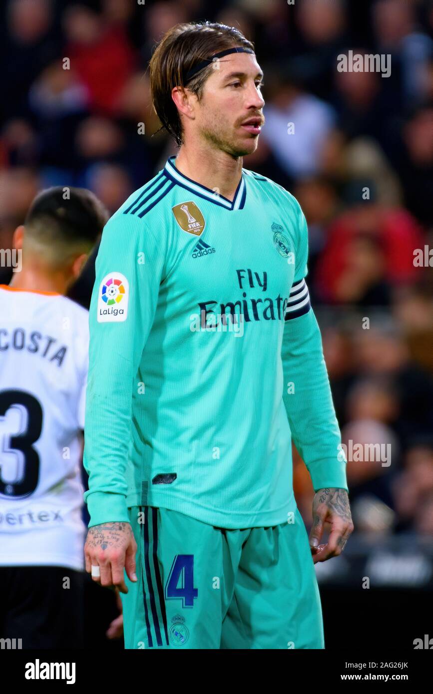 VALENCIA, SPAIN - DEC 15: Sergio Ramos plays at the La Liga match ...