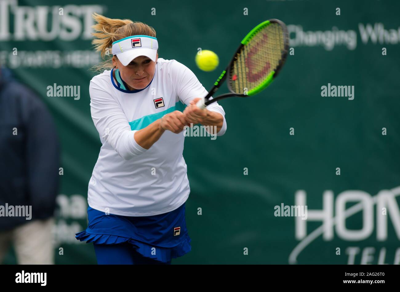 Kateryna Kozlova of the Ukraine in action during her first-round match ...