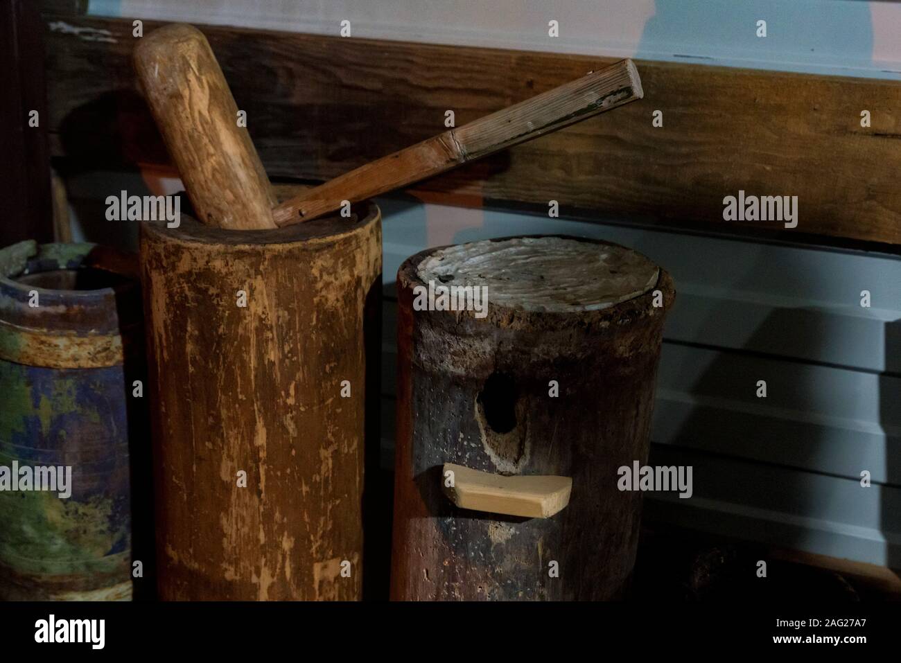 View of traditional wooden hammer for beating bees out of hive and ...