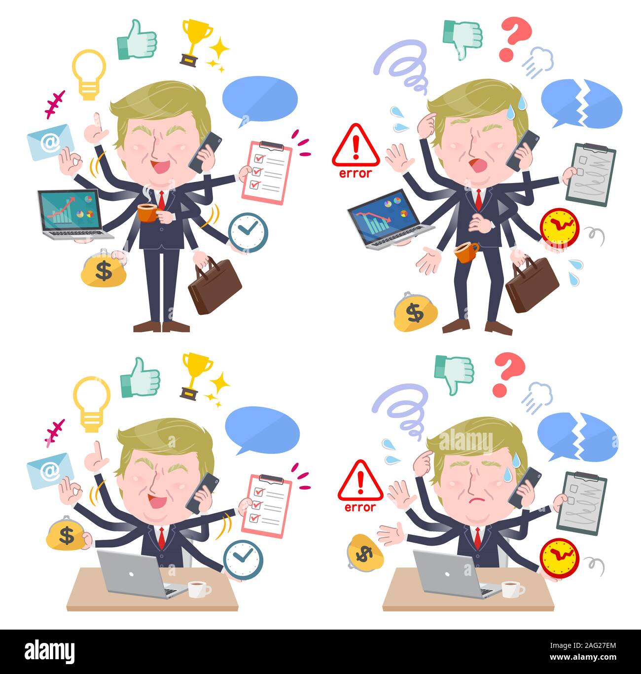 A set of blond hair old men who perform multitasking in the office ...