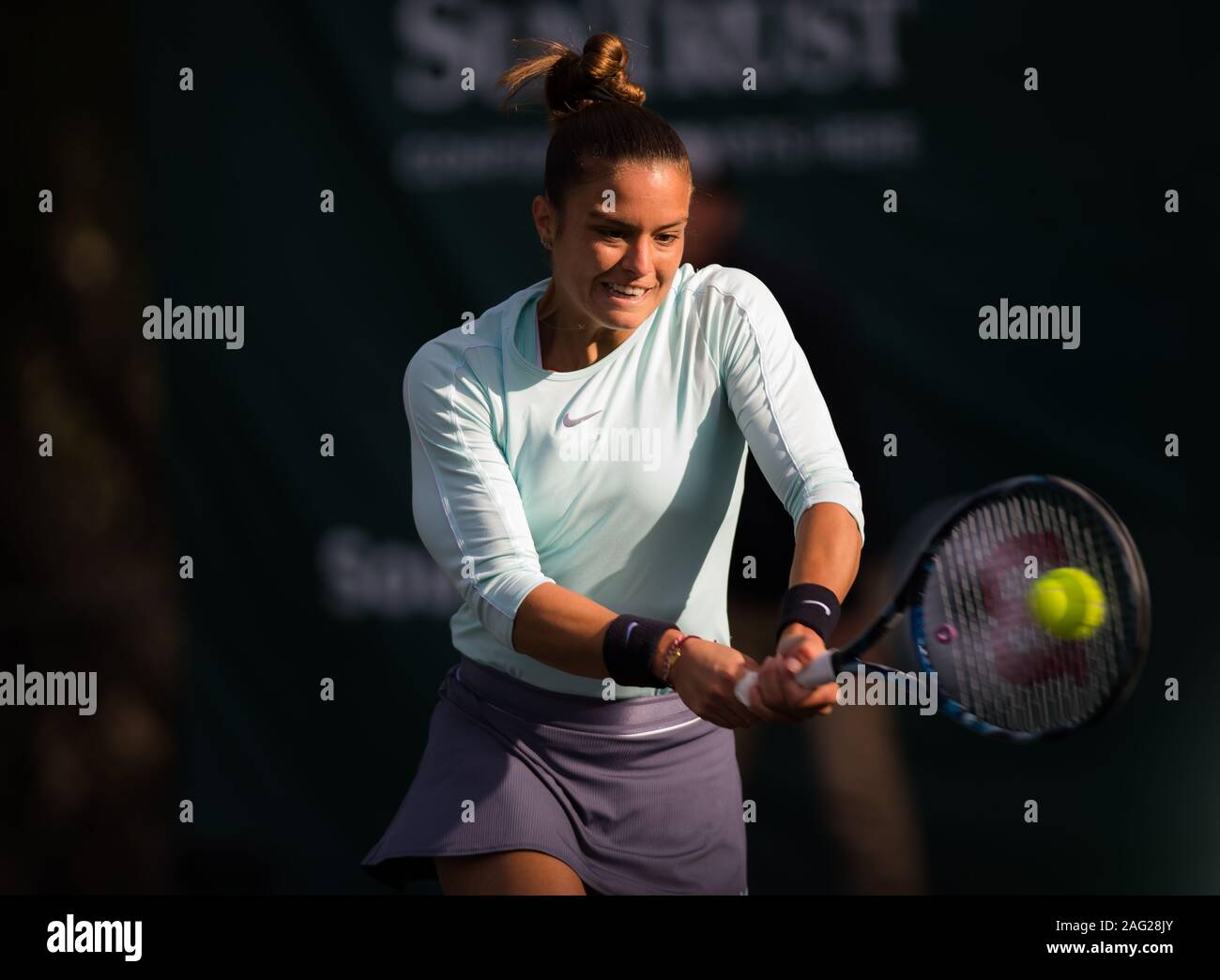 Maria Sakkari of Greece in action during her first-round match at the 2019 Volvo Car Open WTA ...