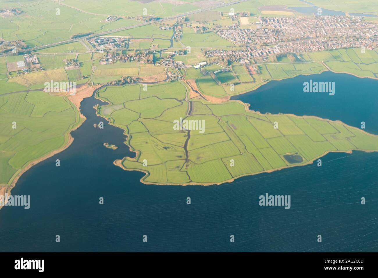 aerial landscape view of village fields and lake Stock Photo - Alamy