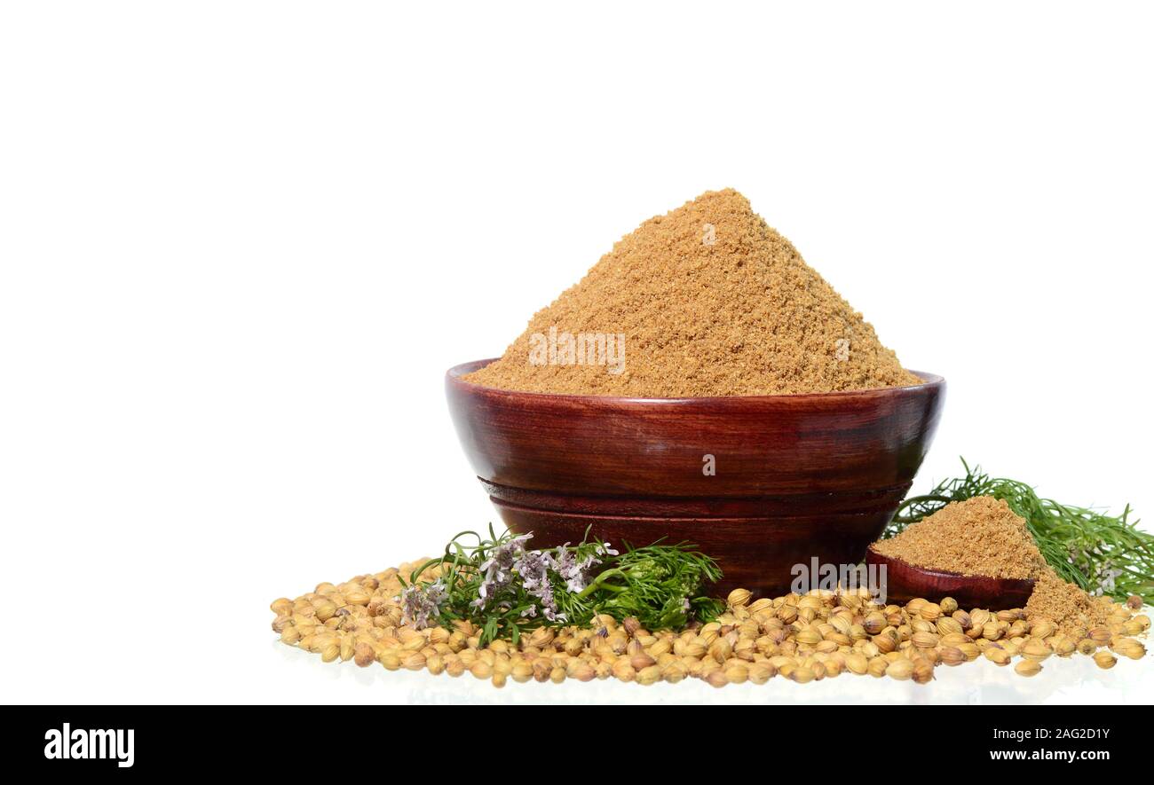 Coriander seeds, Fresh Coriander and Powdered coriander isolated on ...