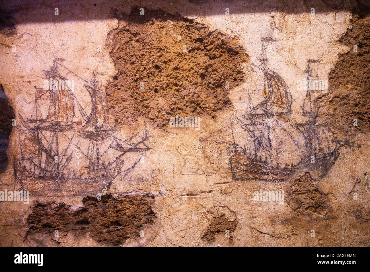 Mutineer's Graffiti of a Spanish galleon, dungeon, San Cristobal Castle ...