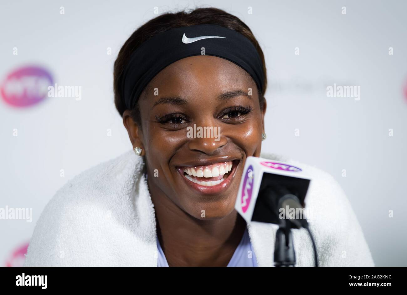 Sloane Stephens of the United States talks to the media after her third ...