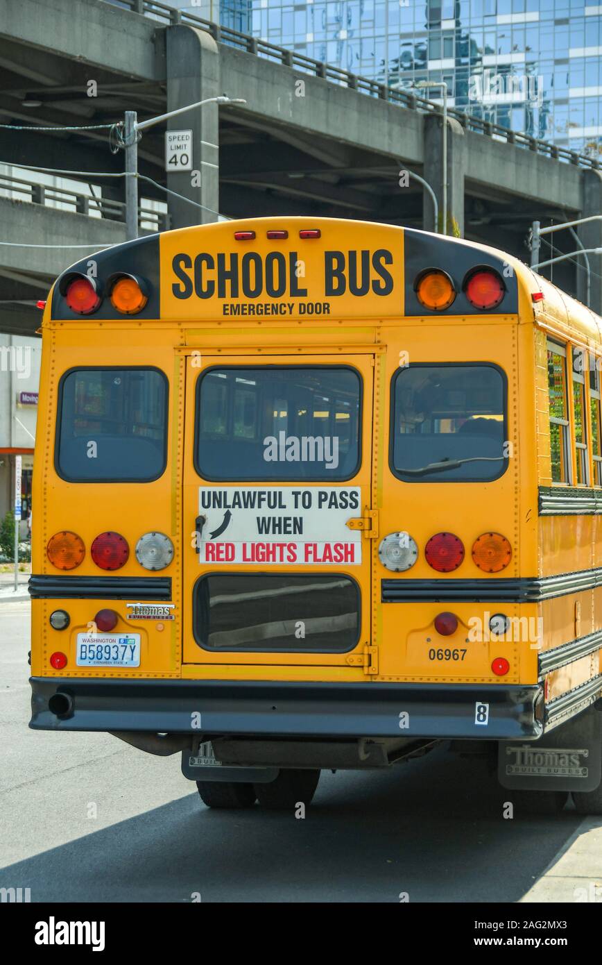SEATTLE, WASHINGTON STATE, USA - JUNE 2018: Yellow school bus parked on ...