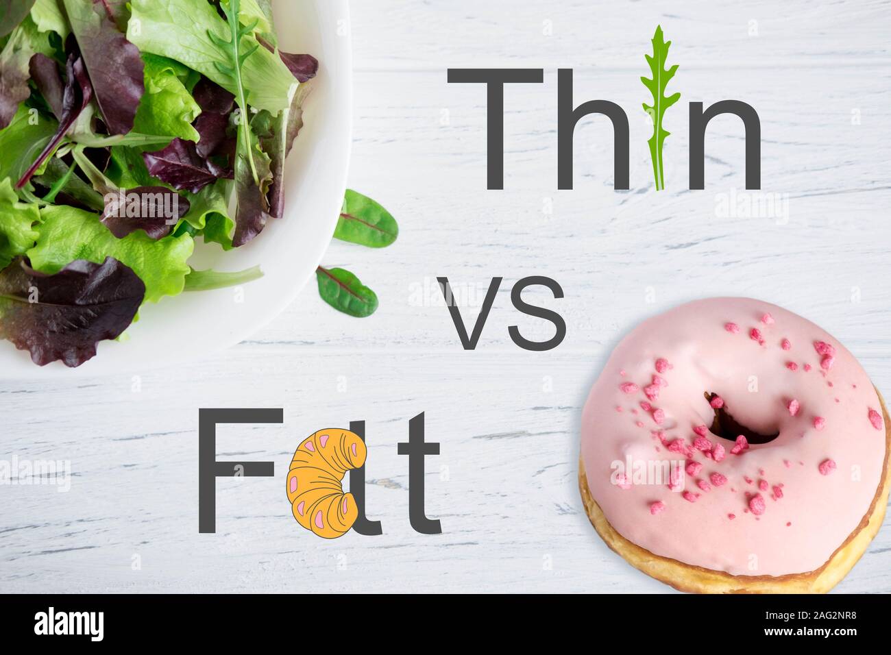 Thin vs fat. Conceptual photo on the topic of healthy nutrition. Harm ...
