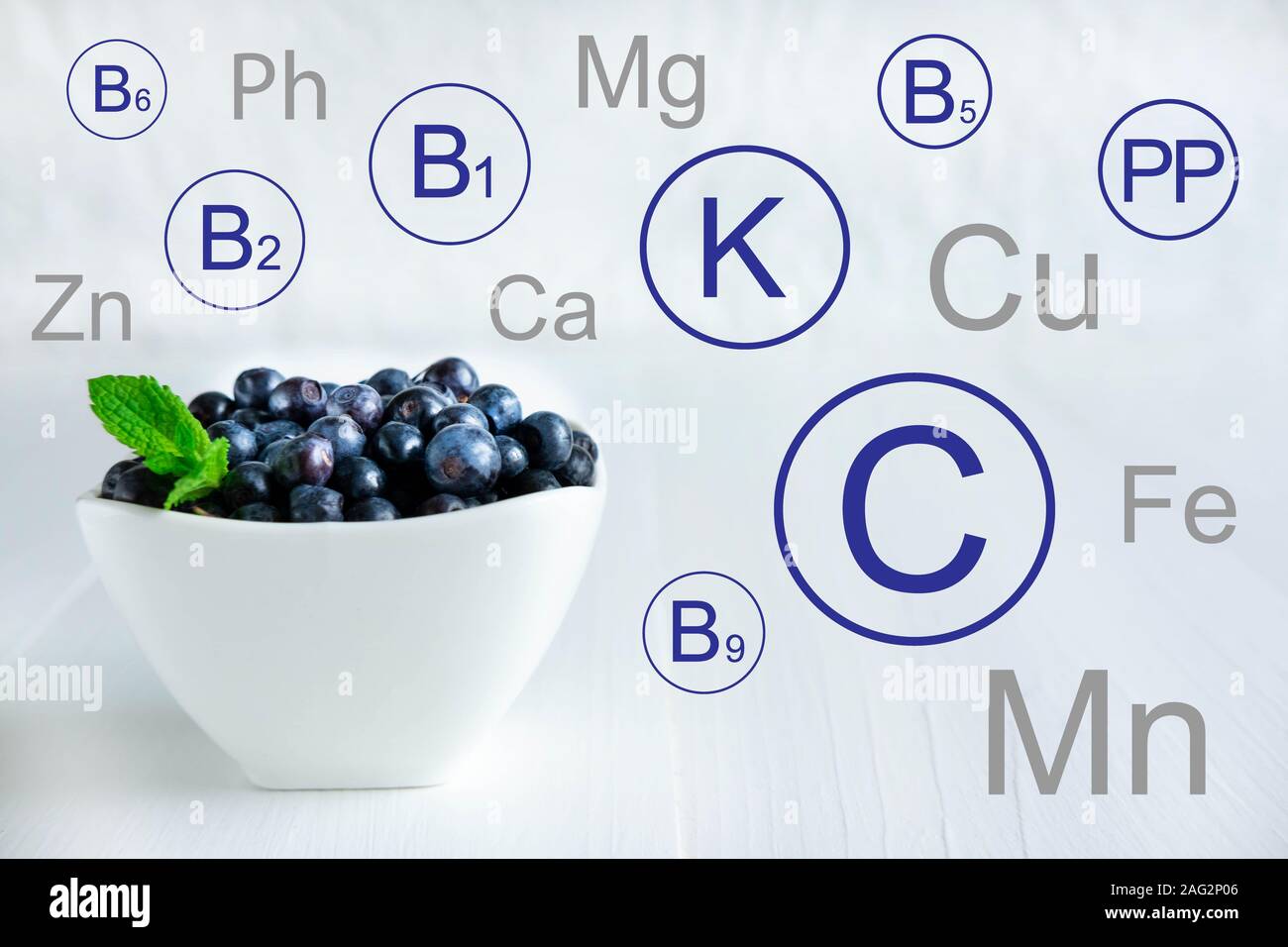 Vitamins and minerals in blueberries. Conceptual photo with a list of ...