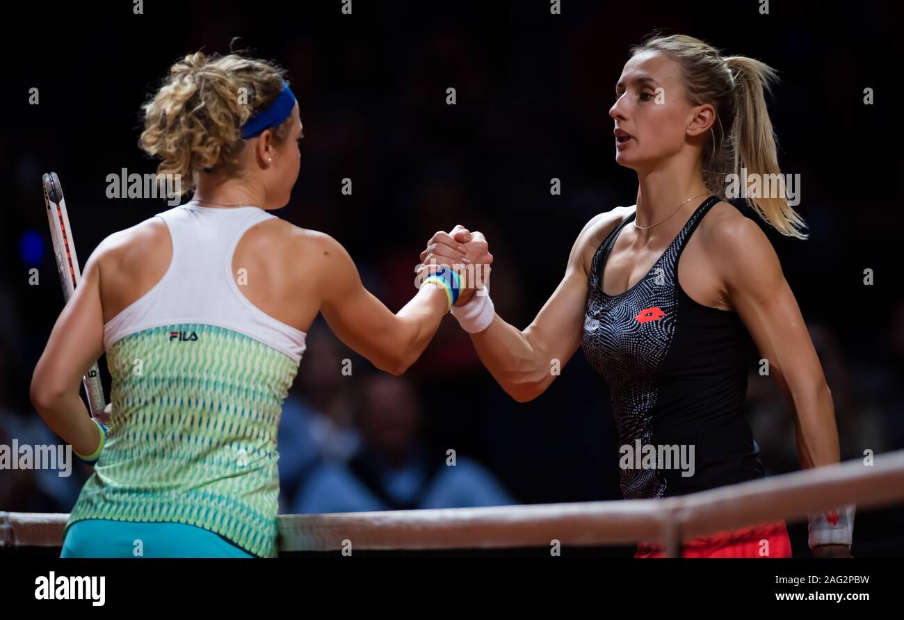 Laura Siegemund of Germany & Lesia Tsurenko of the Ukraine at the net ...