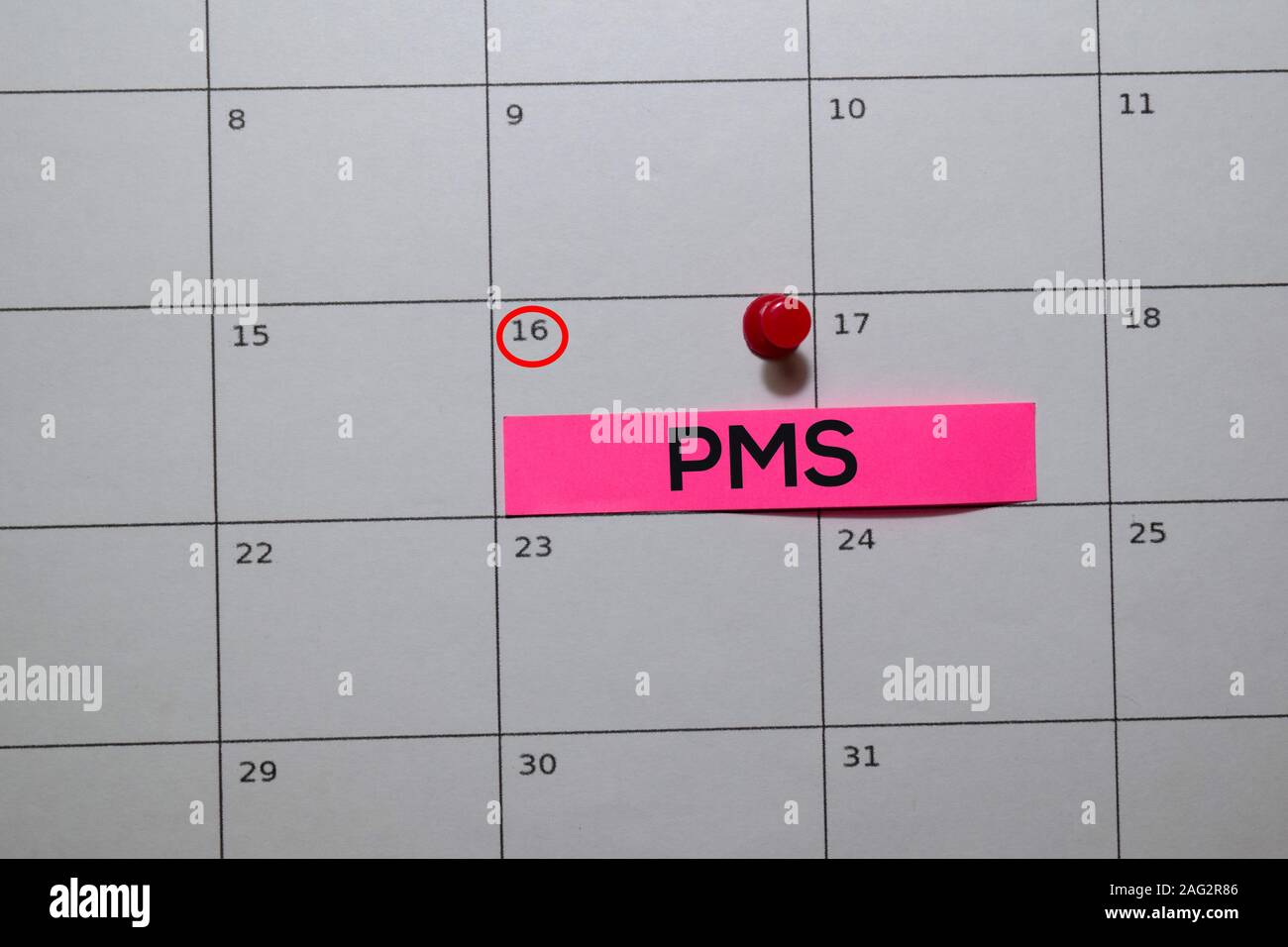 Premenstrual syndrome PMS write on calendar. Date 16. Reminder or ...