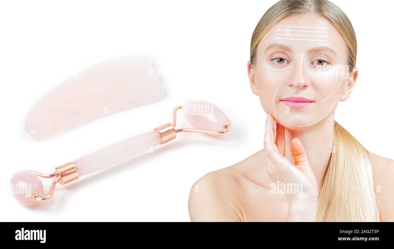 Anti-aging treatment and face lift with jade roller. Woman with massage ...