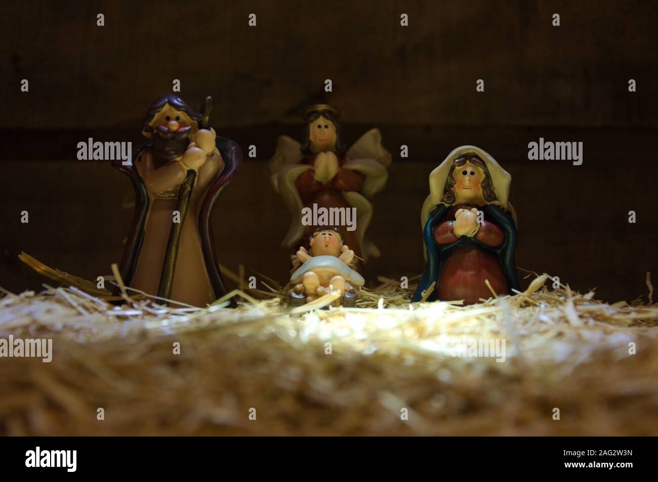 Christmas nativity scene of baby Jesus in the manger. Statuettes ...