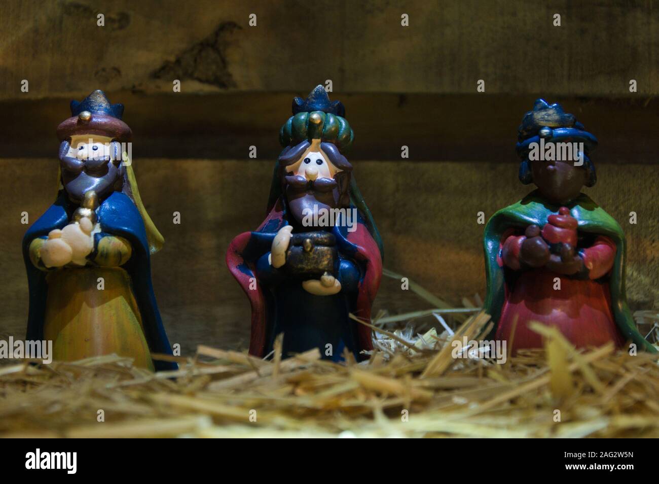 Christmas nativity scene of baby Jesus in the manger. Statuettes ...