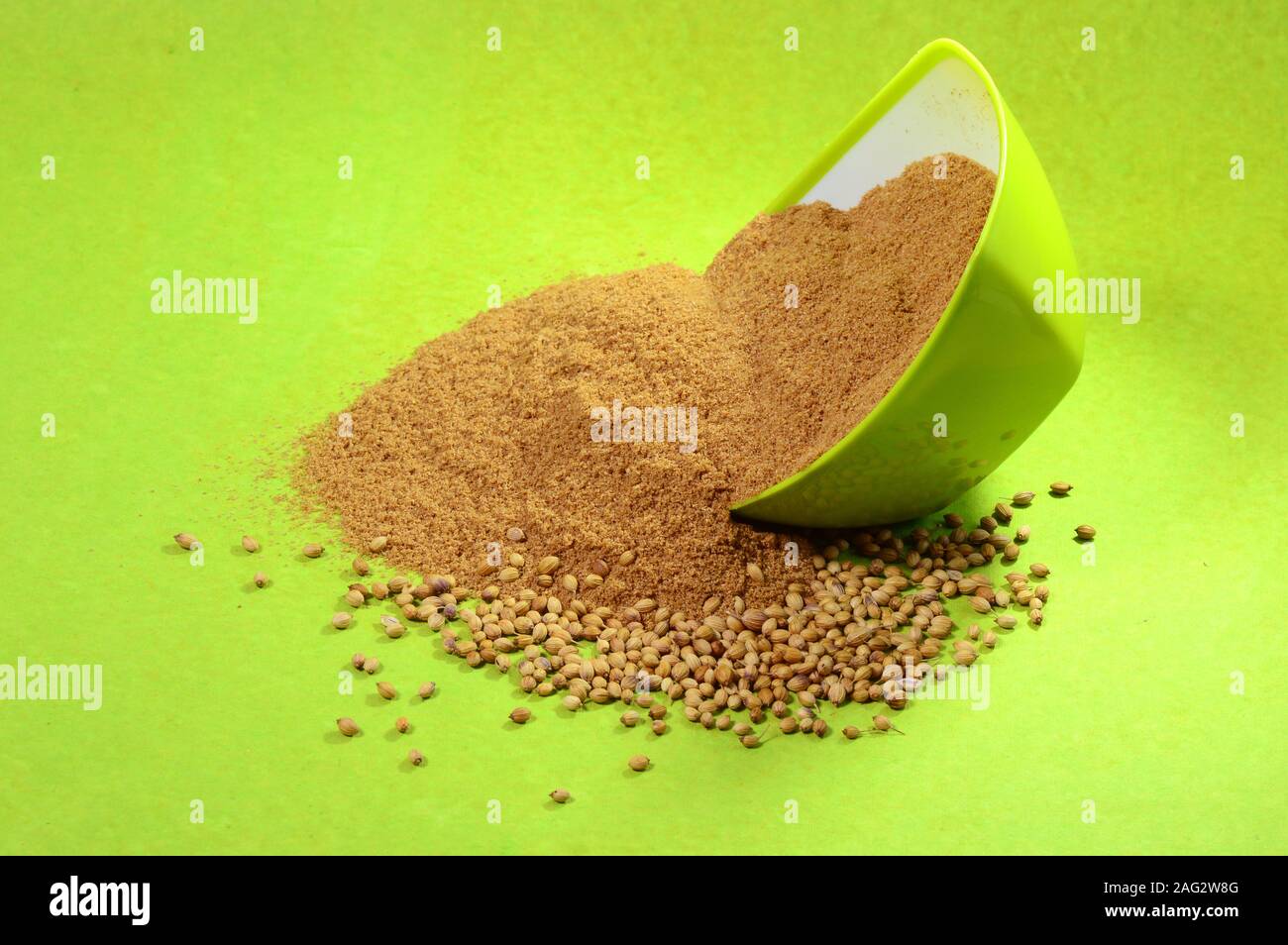Coriander seeds and Powdered coriander in green container on green ...