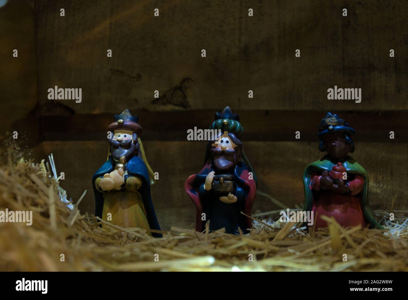 Christmas nativity scene of baby Jesus in the manger. Statuettes ...