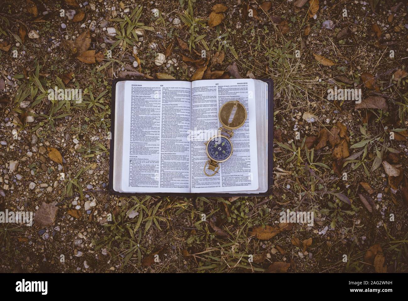 An overhead shot of an open book with an open compass on it on the ...
